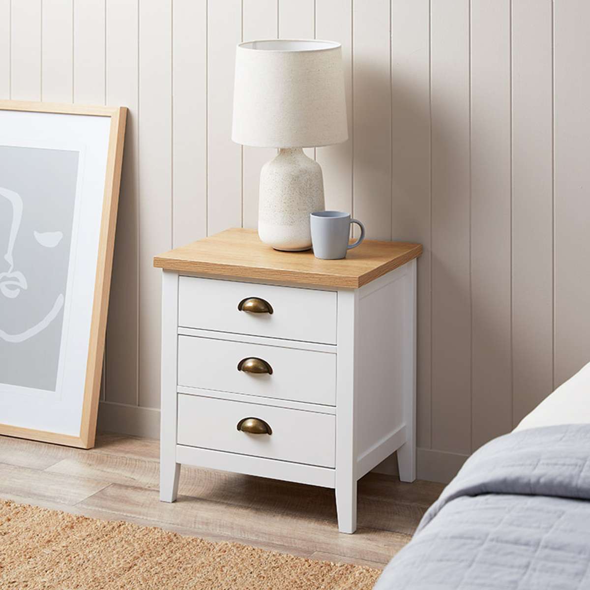 Hastings Bedside Table, White with 3 Drawers - Mocka