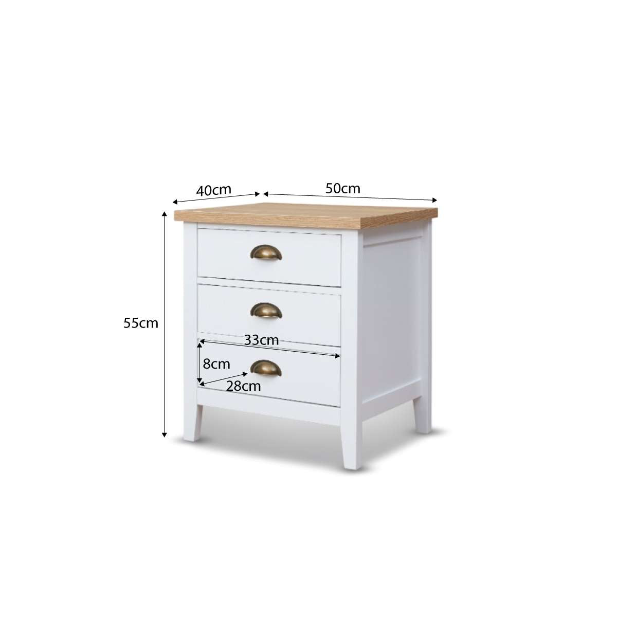 Hastings Bedside Table, White with 3 Drawers - Mocka