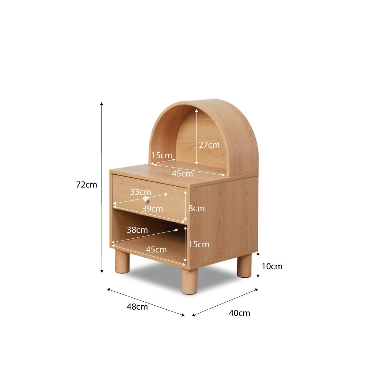 Archie Bedside Table - Fun Arched Top and Smart Storage